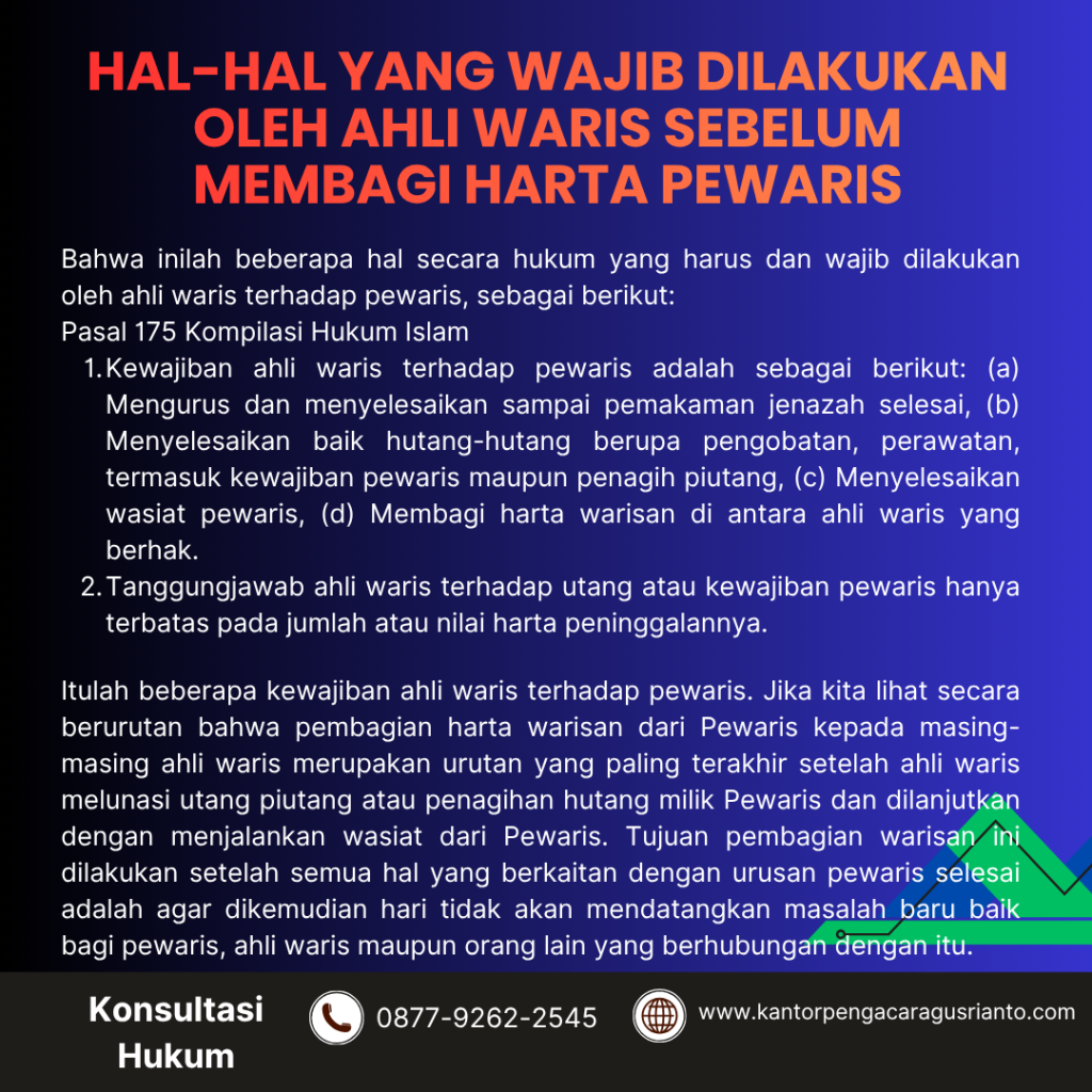 HAL-HAL YANG WAJIB DILAKUKAN OLEH AHLI WARIS SEBELUM MEMBAGI HARTA PEWARIS